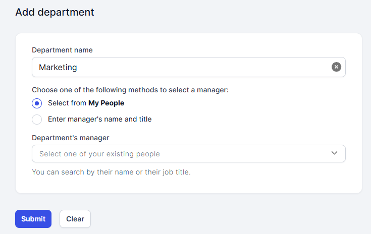 Managing and editing departments in MyHR