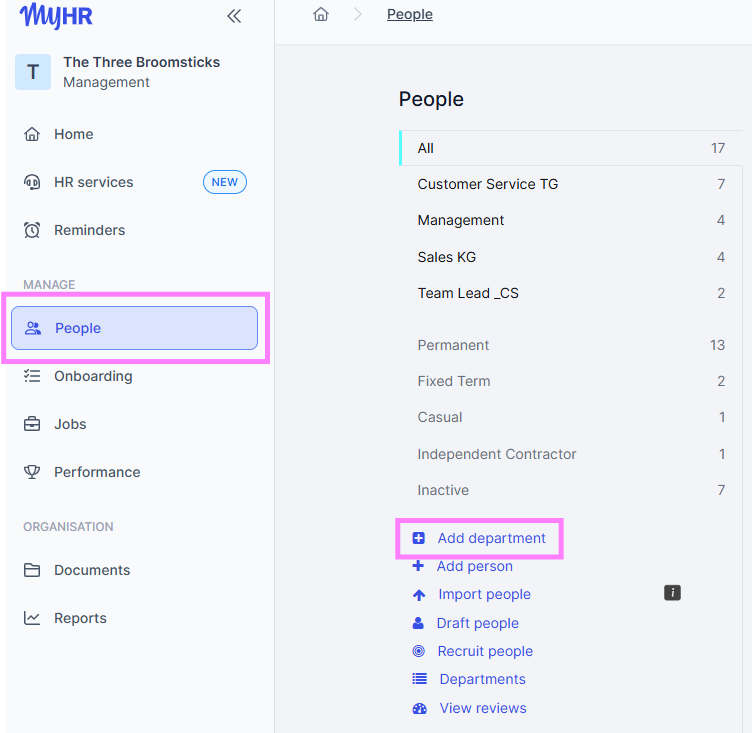 Managing and editing departments in MyHR