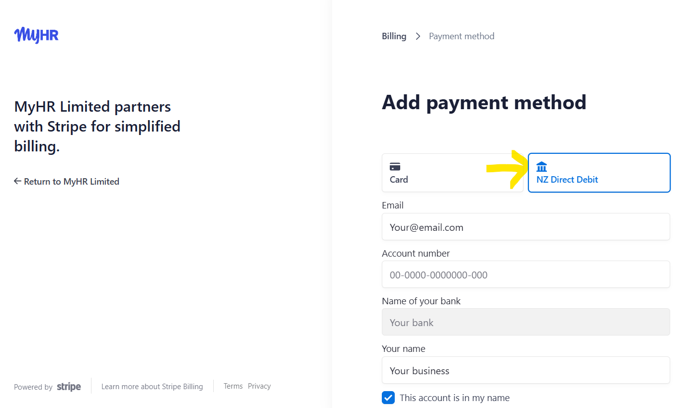 Setting up a Direct Debit for your MyHR Membership with Stripe